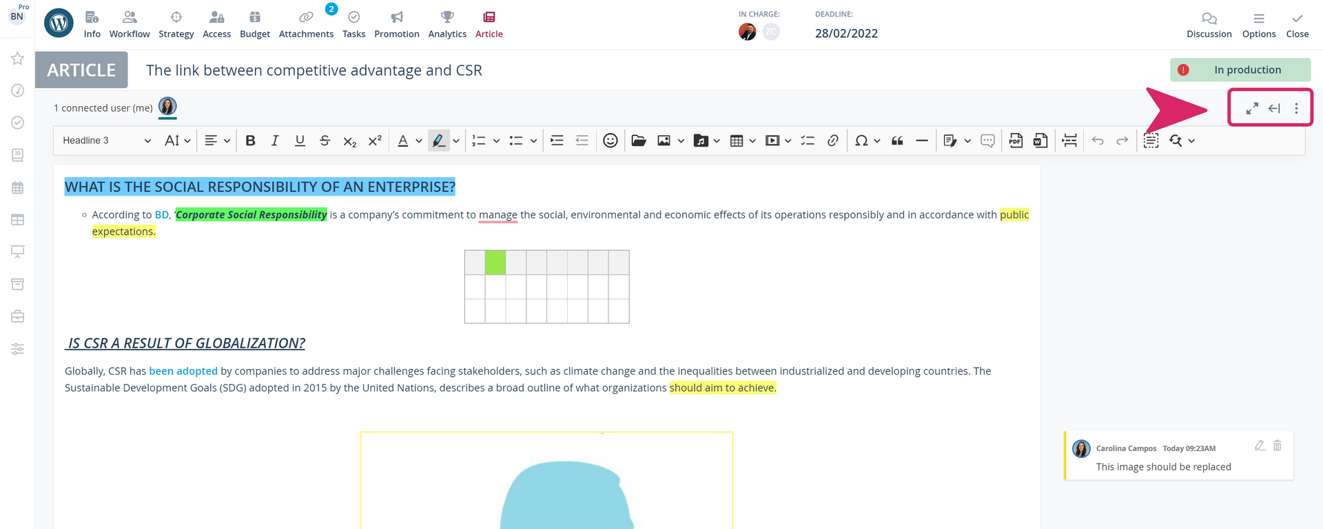 How do I create and edit texts in the article editor?